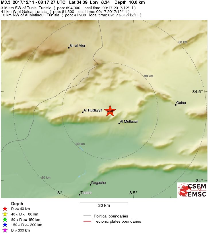 Leichtes Erdbeben bei Al Metlaoui westlich von Gafsa (M3,3 ...